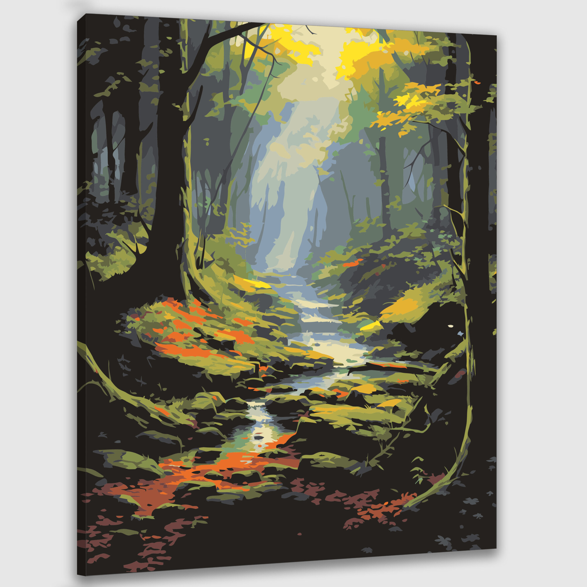 Картина по номерам 40x50 см, картина, масло, лесной пейзаж, солнечный свет, листья, мох, земля, аура, безмятежность