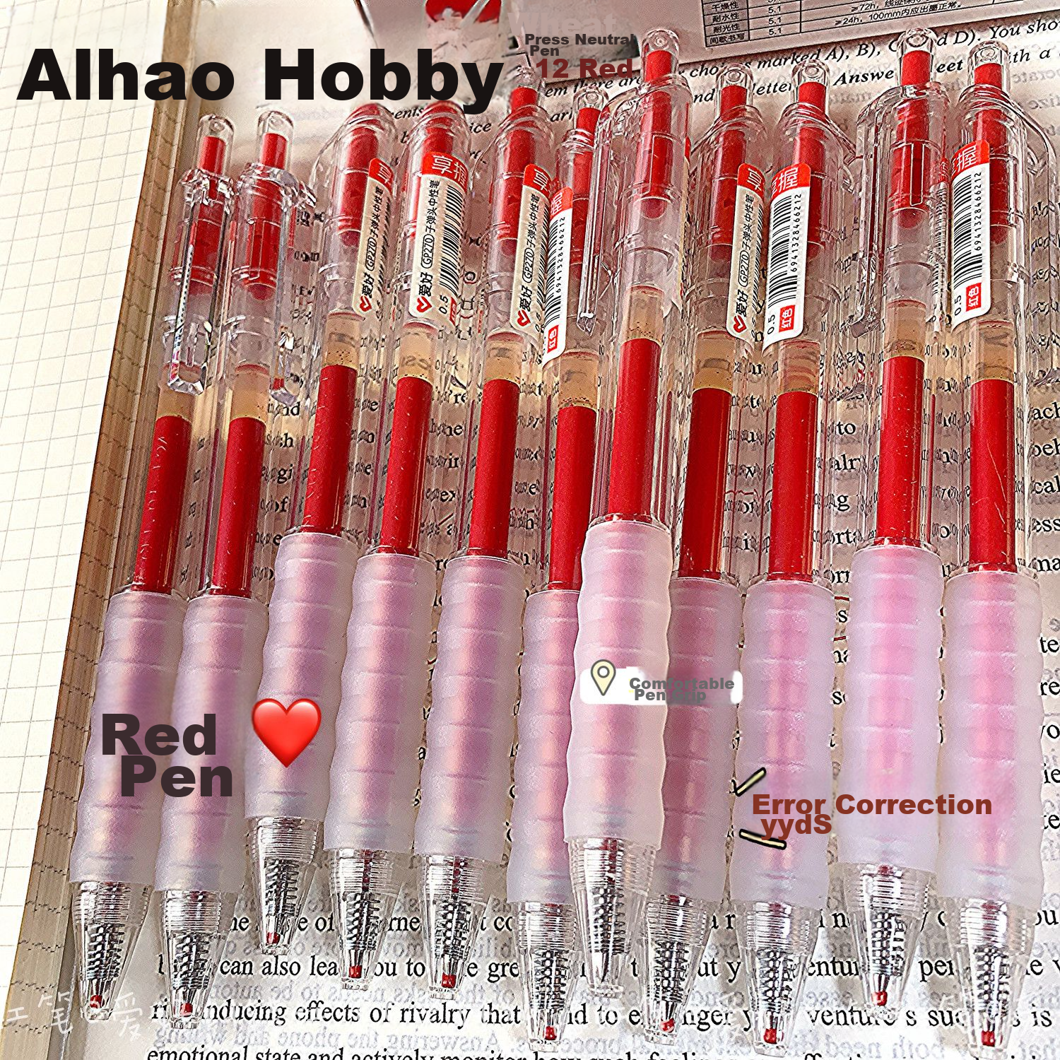 AIHAO Gel Pen, 0.5mm Bullet Tip, Retractable, for Students' Practice, Teachers' Office Use, Signing, Red Ink, 12 Pcs, GP270