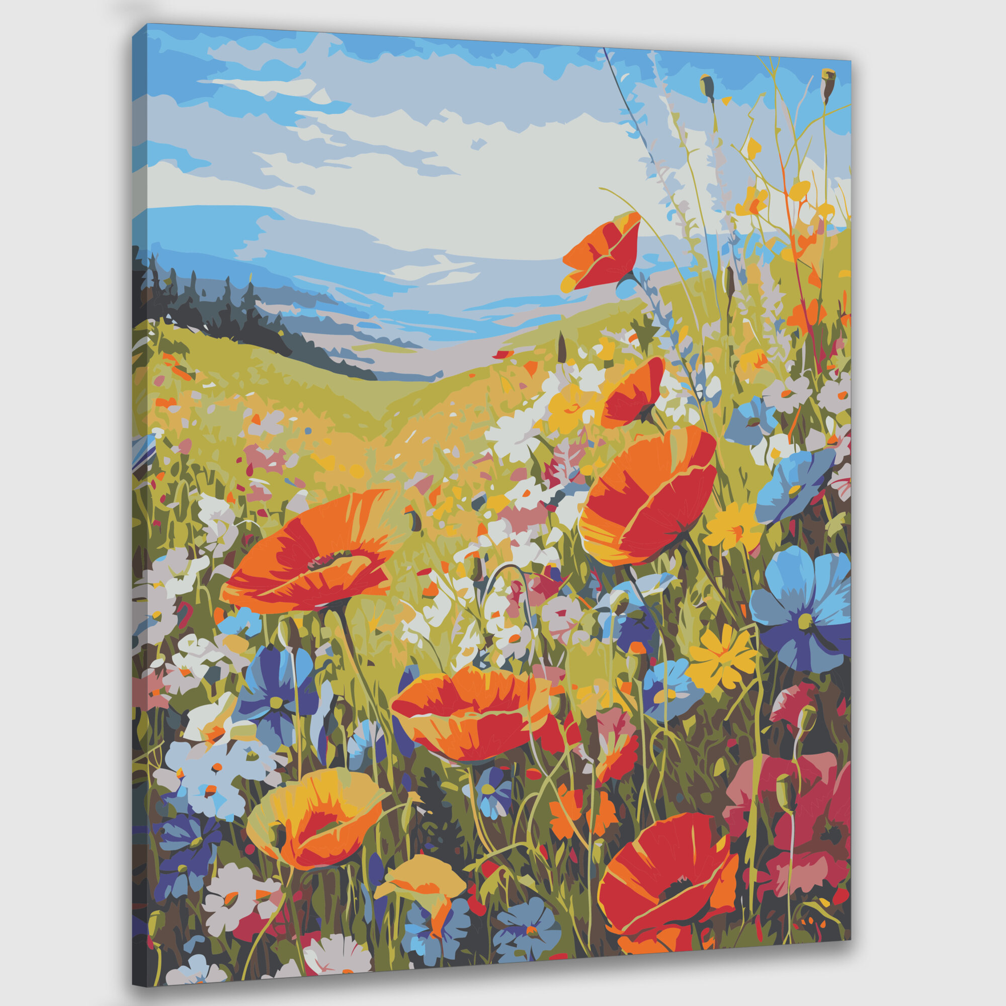 Картина по номерам 40x50 см, полевые цветы, маки, колокольчики, маргаритки, весна, яркие цвета, завораживающий пейзаж