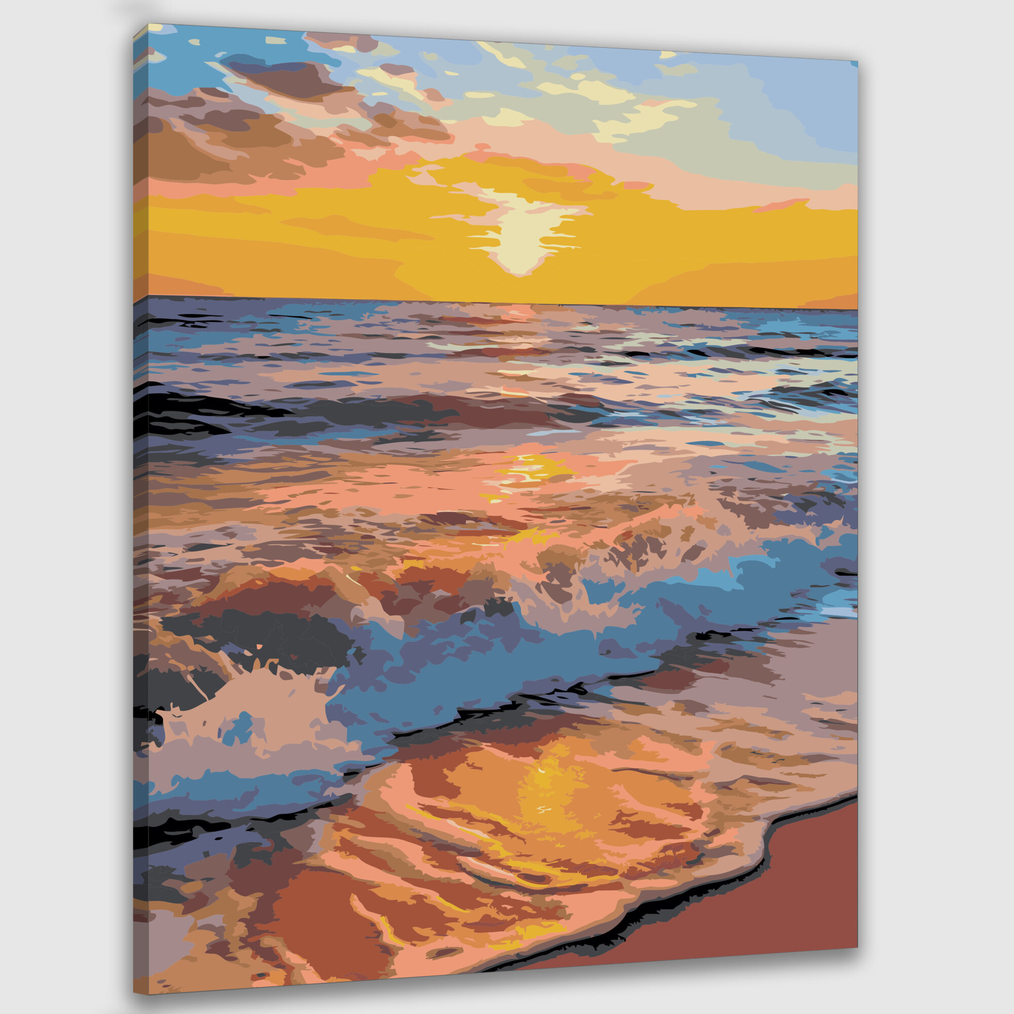 Картина по номерам 40x50 см, рассвет, море, солнце, горизонт, вода, небо, лодка, рябь, пастельные тона, безмятежность