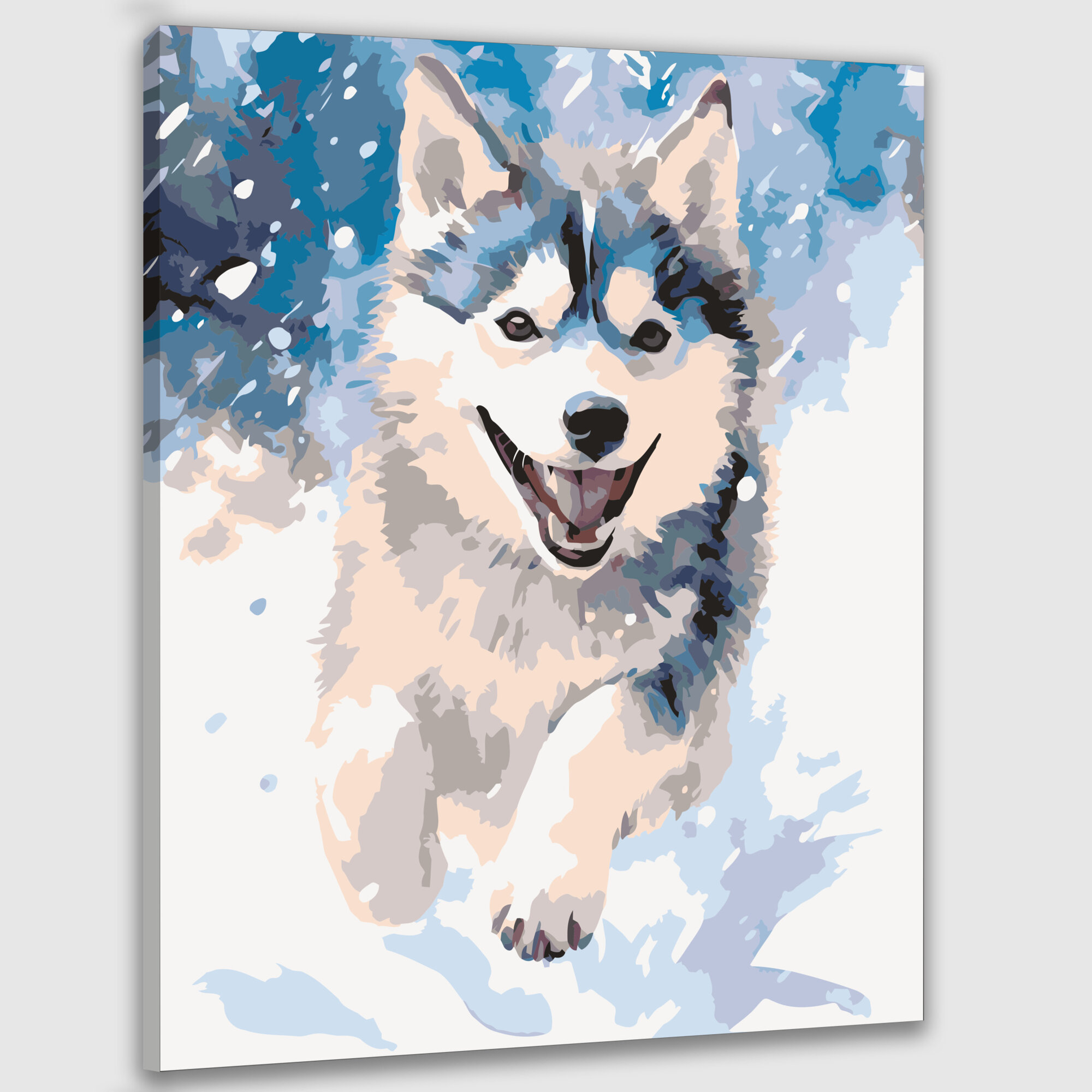 Картина по номерам 40x50 см, хаски, акварельная иллюстрация, игривость, заснеженный пейзаж, радость, энергия