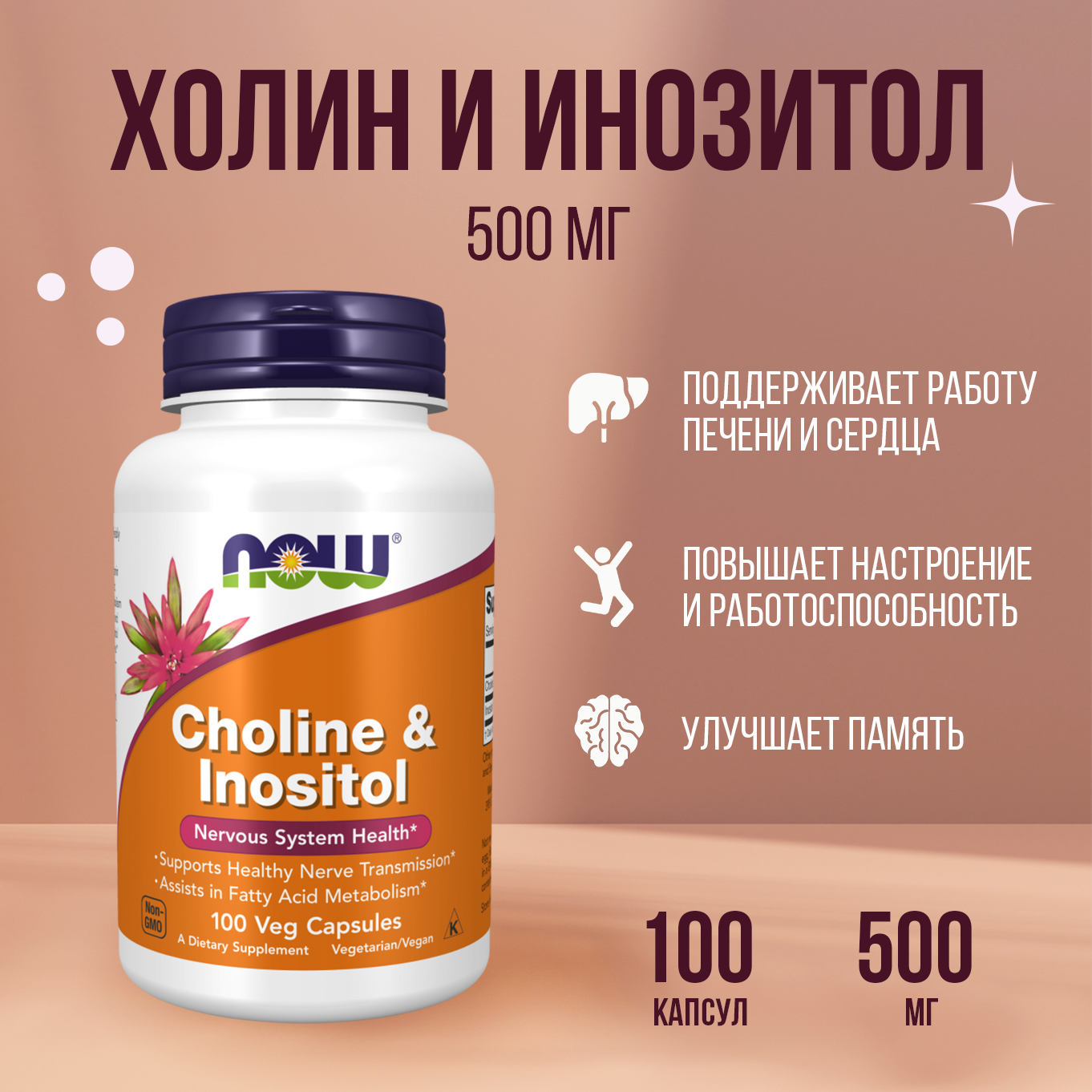NOW foods Холин и Инозитол 500 мг, Choline & Inositol 250/250 mg, 100 таблеток (капсул), витаминный комплекс для мозга