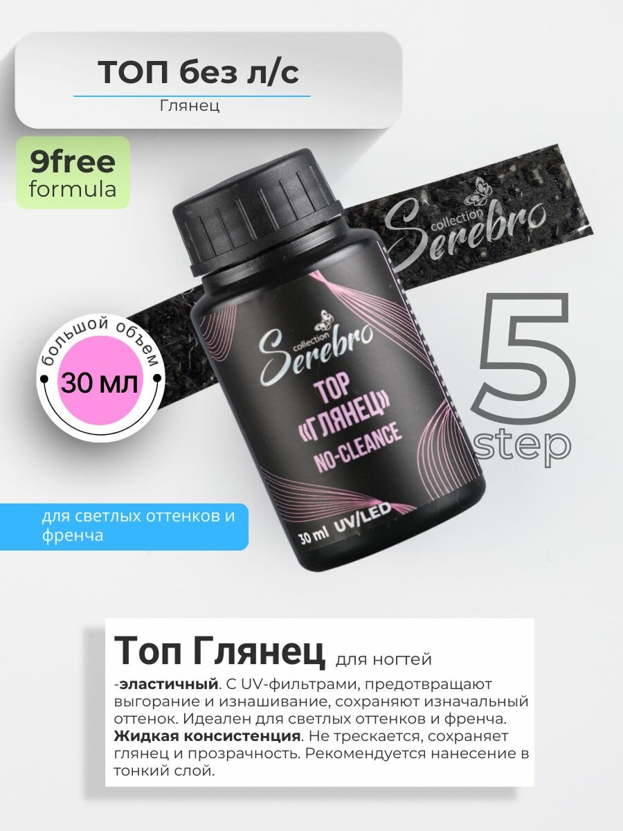 Serebro, Топ для гель лака ногтей без липкого слоя "Глянец", 30 мл