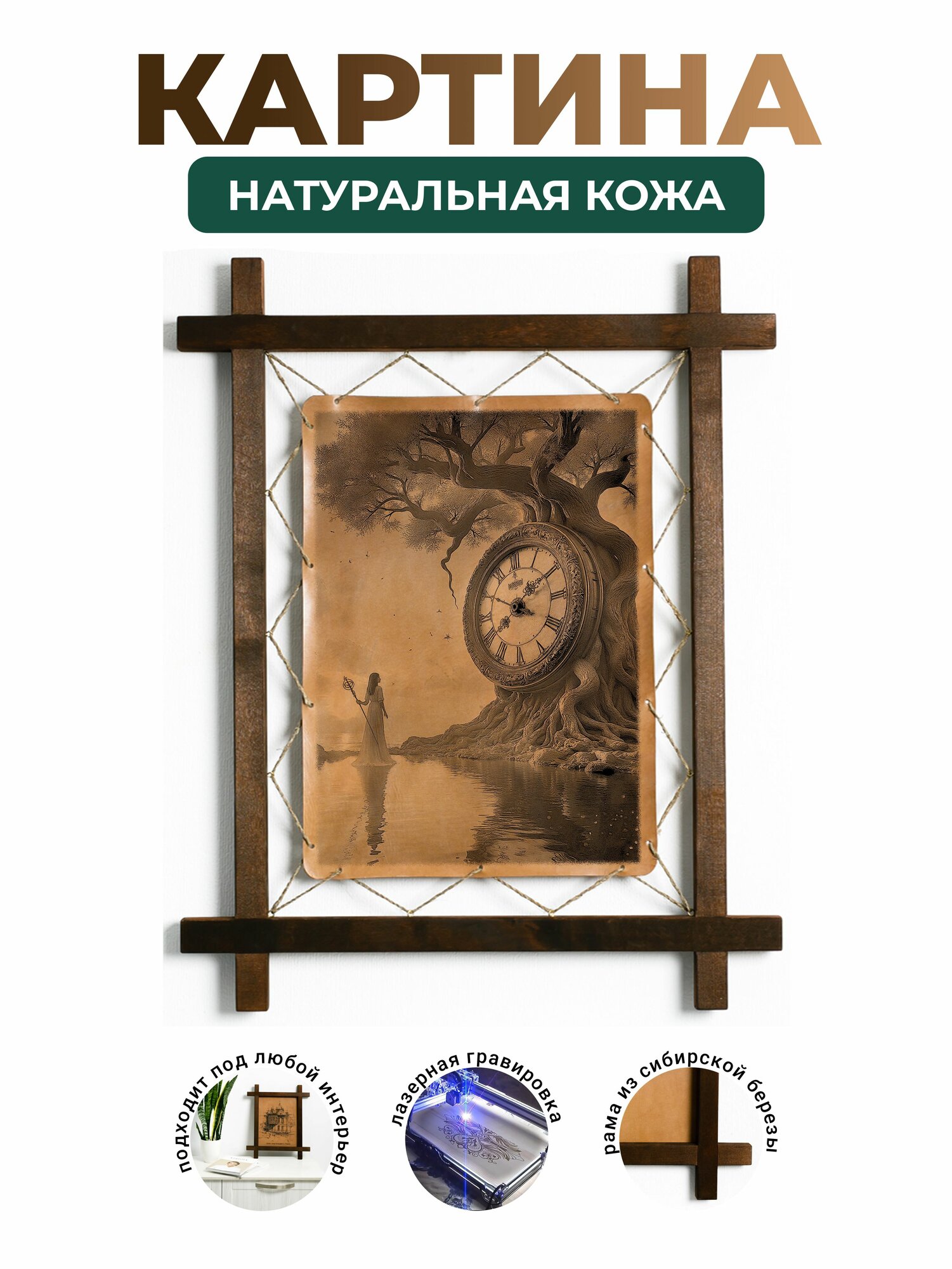 Картина интерьерная из кожи "Дерево времени №2", BoomGift