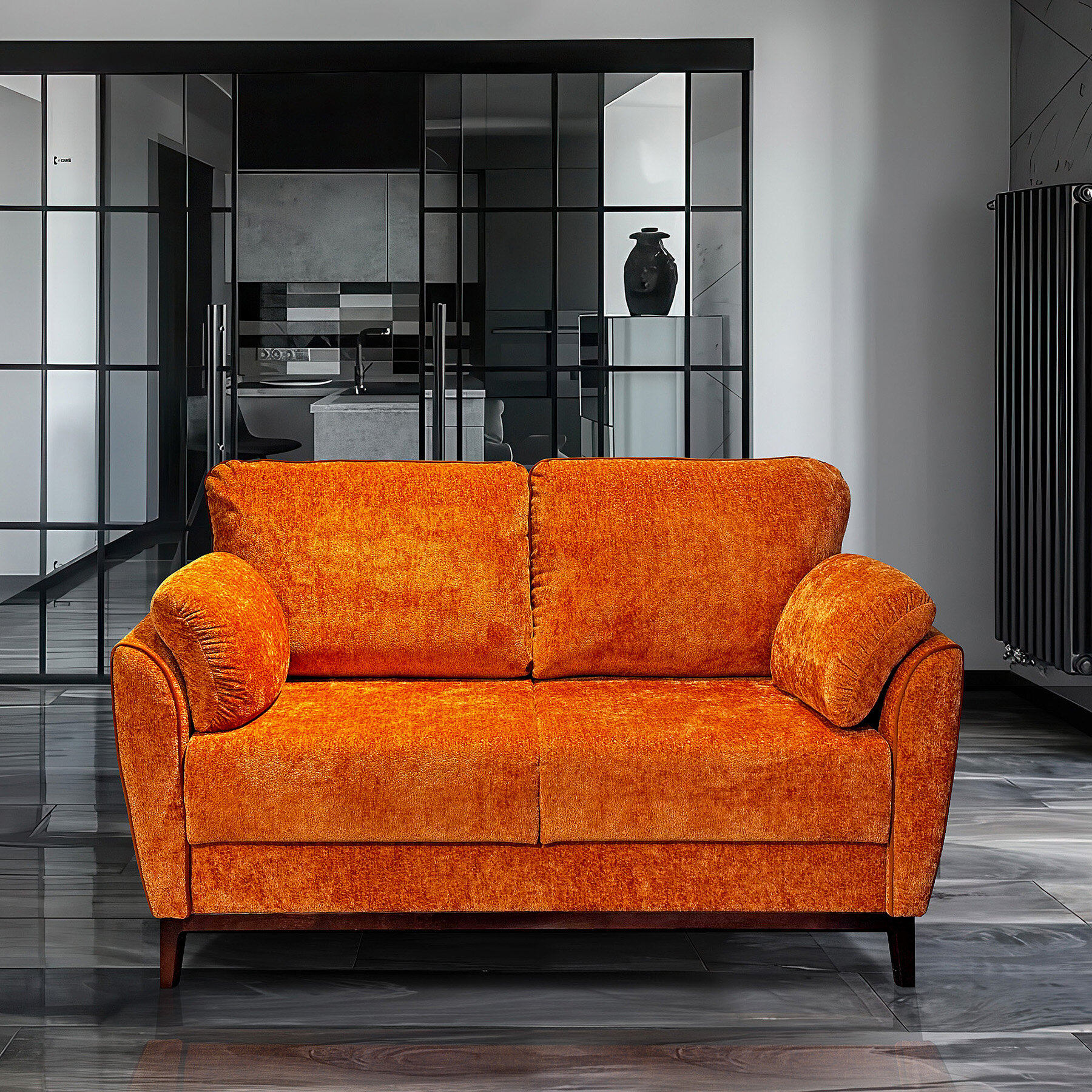 Диван-кровать Степ П1, ткань-шенилл, оранжевого оттенка, массив дерева, современный, маленький, на высоких ножках.