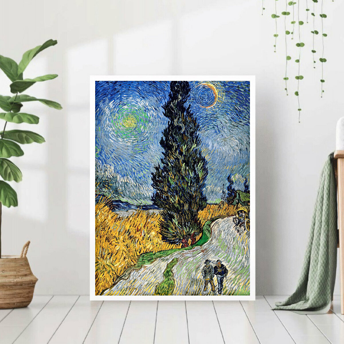 Постер " Репродукция Дорога с кипарисом и звездой Ван Гог" 40x50 в белой рамке для интерьера на стену