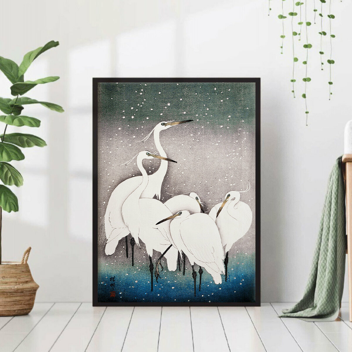 Постер " Белые цапли репродукция в японском стиле" 40x50 в черной рамке для интерьера на стену