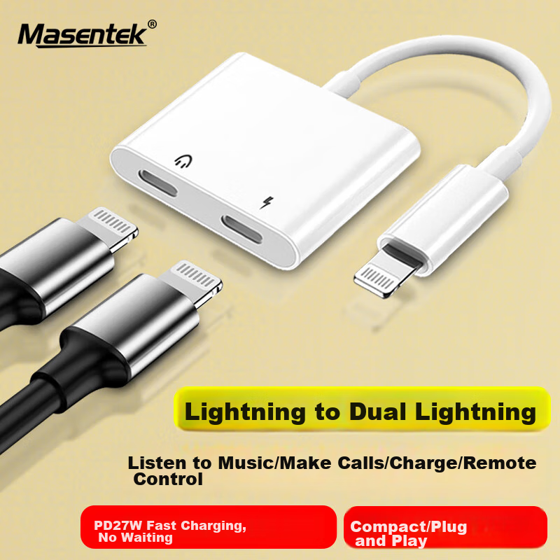 Masentek-Lightning to Dual Lightning Headphone Adapter, Apple Phone to Dual Flat L-Port Two-In Splitter Adapter for Charging, Calling, Line Control, And Karaoke