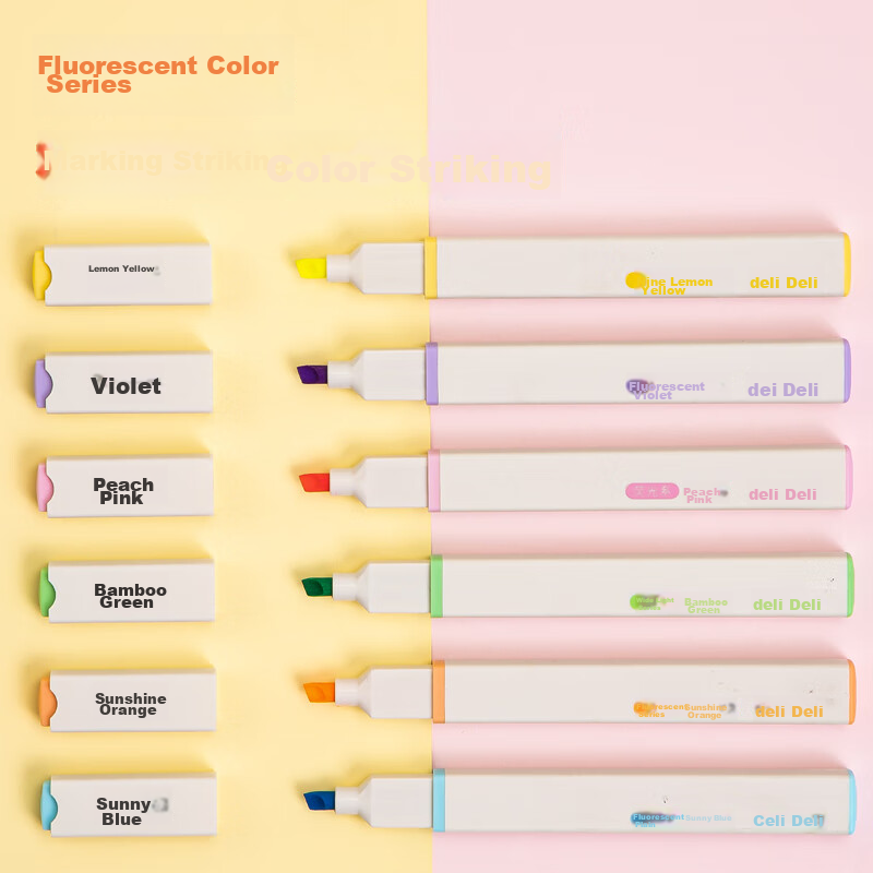 Deli 6-Color Fluorescent Highlighter Marker Pen Set for Students Exam Review Office Highlighting Point Marking Hand Account Note Graffiti Painting with Stickers S741