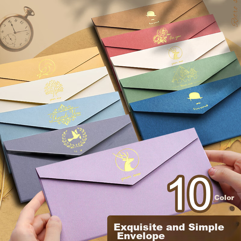 Licao 10-Color Simple Envelope, Exquisite Greeting Card, Invitation, Teacher's Day Gift, Birthday Gift, Hot-Stamped, High-End Creative, Elegant Vintage Style, Love Letter Envelope