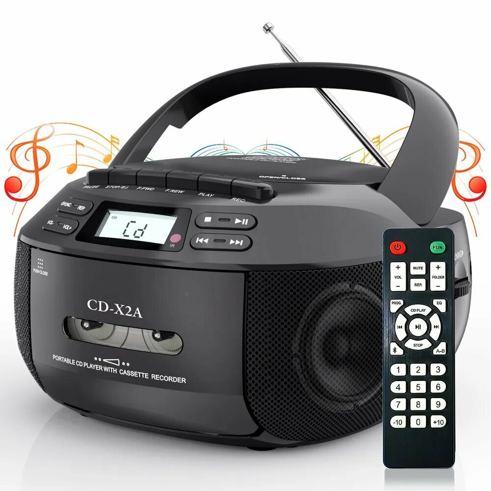 KNOW EASY-Boombox cd player портативный, проигрыватель компакт дисков, Cassette Bluetooth AM/FM Radio Стереозвук с дистанционным управлением, cd диск, black