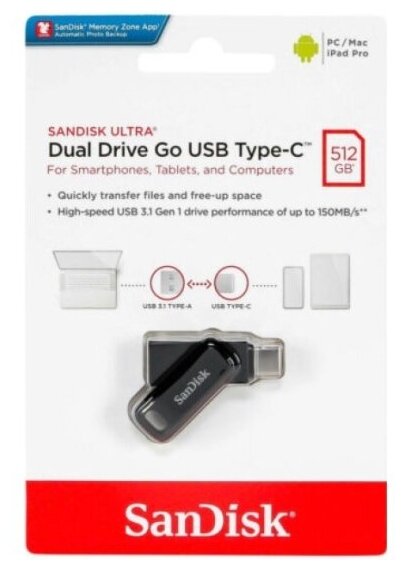 USB флешка Sandisk 512Gb Ultra Dual Drive Go USB 3.1 gen 1/ USB Type-C 150 Mb/s