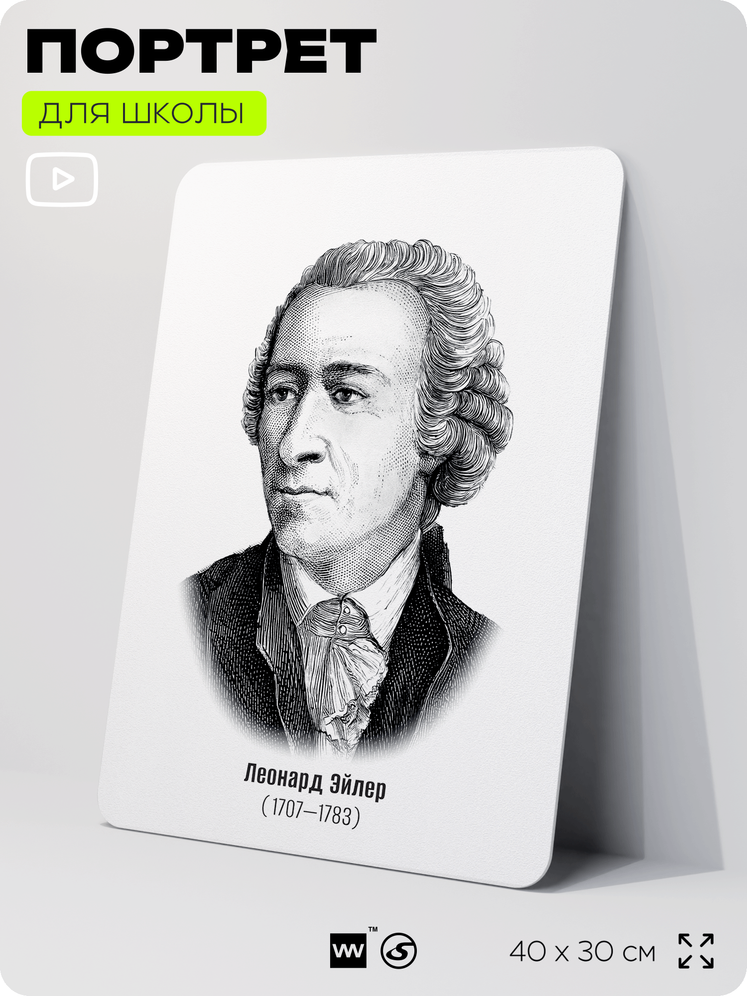 Портрет для школы в кабинет математики "Леонард Эйлер", стенд школьный для класса, деятели науки для оформления классного уголка, 40х30 см, Silver Plane x Айдентика Технолоджи
