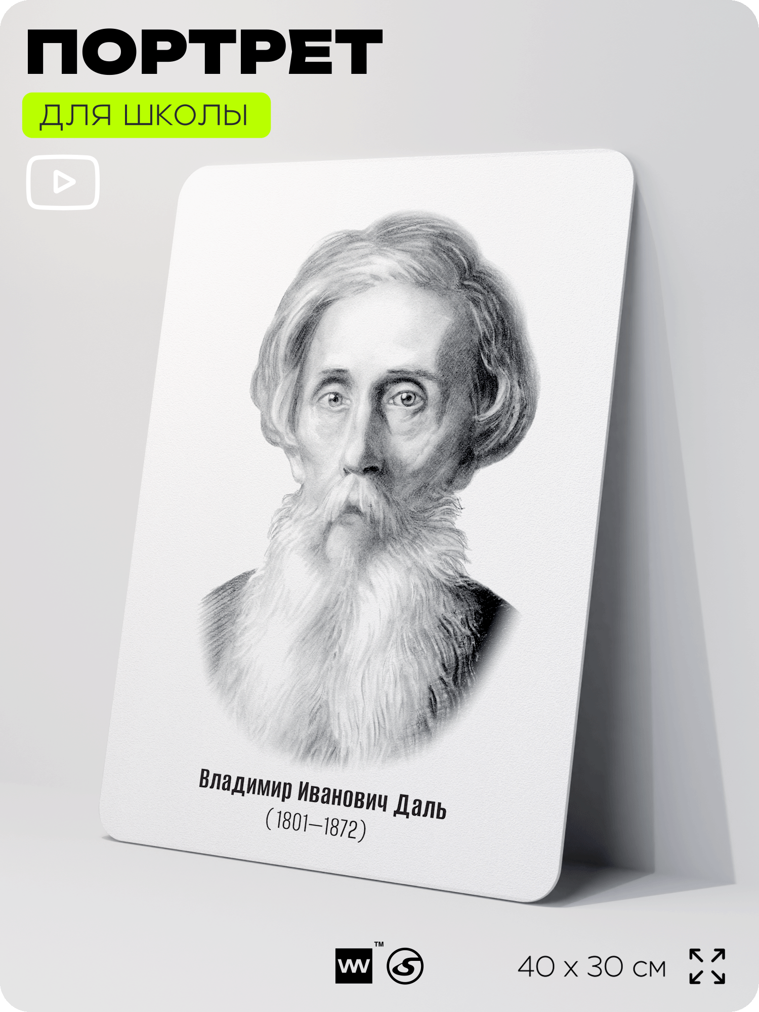 Портрет для школы в кабинет литературы и русского языка "Даль Владимир Иванович", стенд школьный для класса, для оформления классного уголка, 40х30 см, Silver Plane x Айдентика Технолоджи