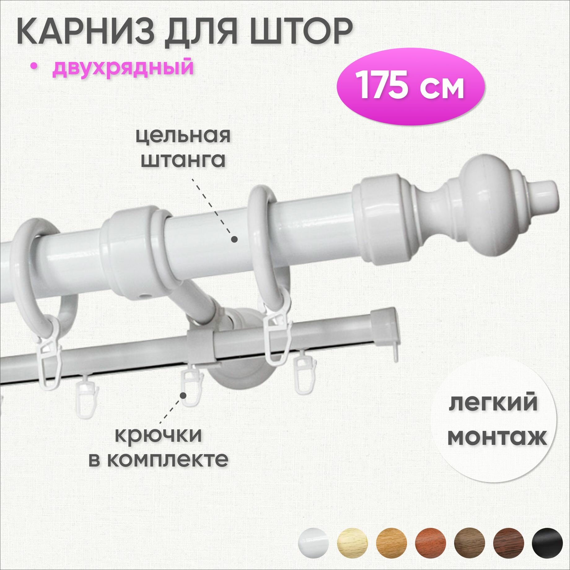 Карниз для штор и гардин настенный круглый двухрядный Белый 175 см