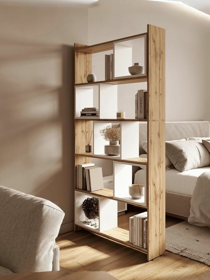 Стеллаж деревянный для игрушек, для книг, стеллаж-перегородка напольный, Рэймо, Белый/Дуб Вотан, (ШхВхГ) 90х180х21 см