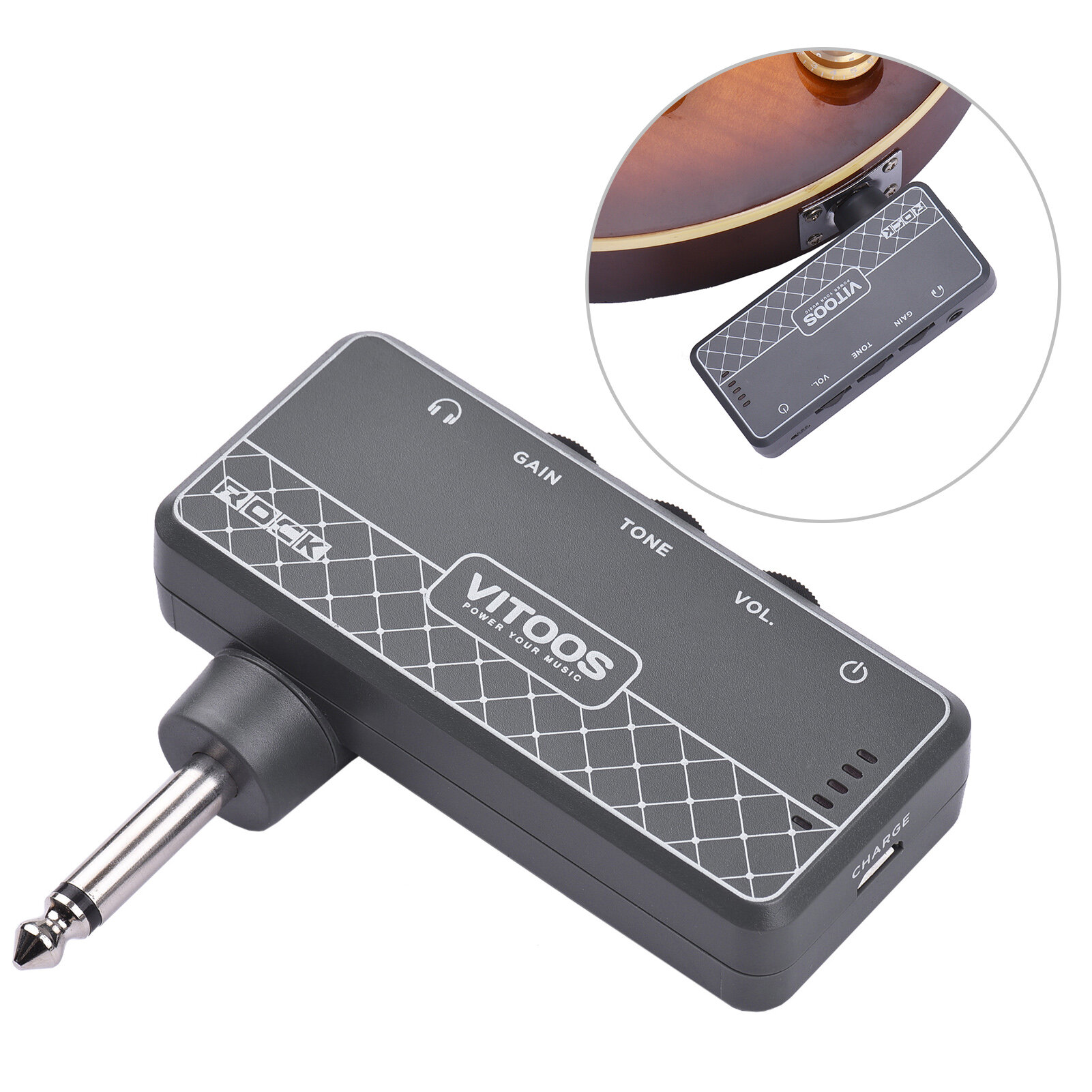 VITOOS ROCK Guitar Headphone Amplifier Amp 1/4 Inch Plug 3.5mm Jack & Aux In with Gain Tone Volume Contorls Built-in Rechargeable Battery