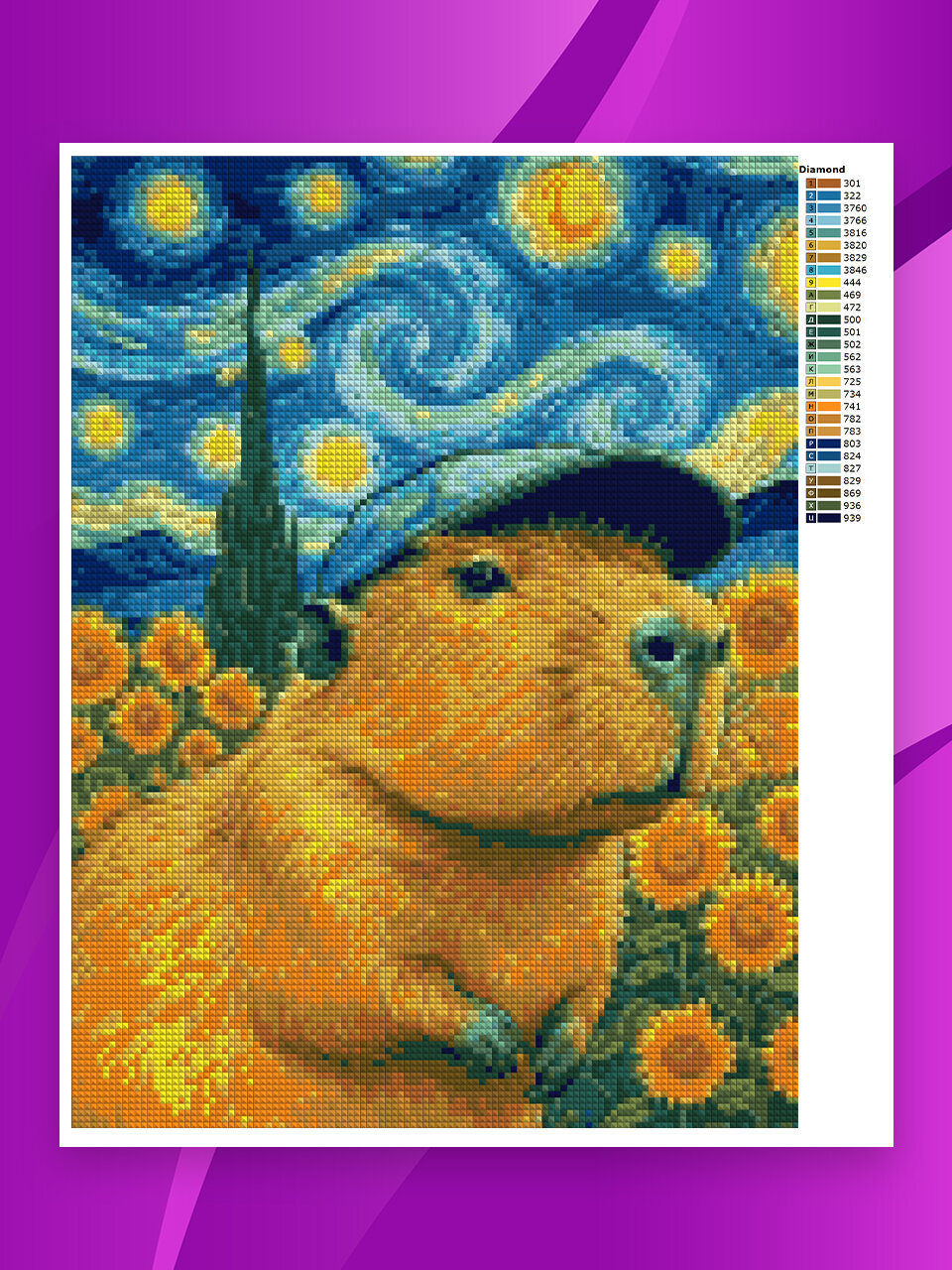 Алмазная мозаика без подрамника - вышивка Капибара в подсолнухах 30 х 40 см