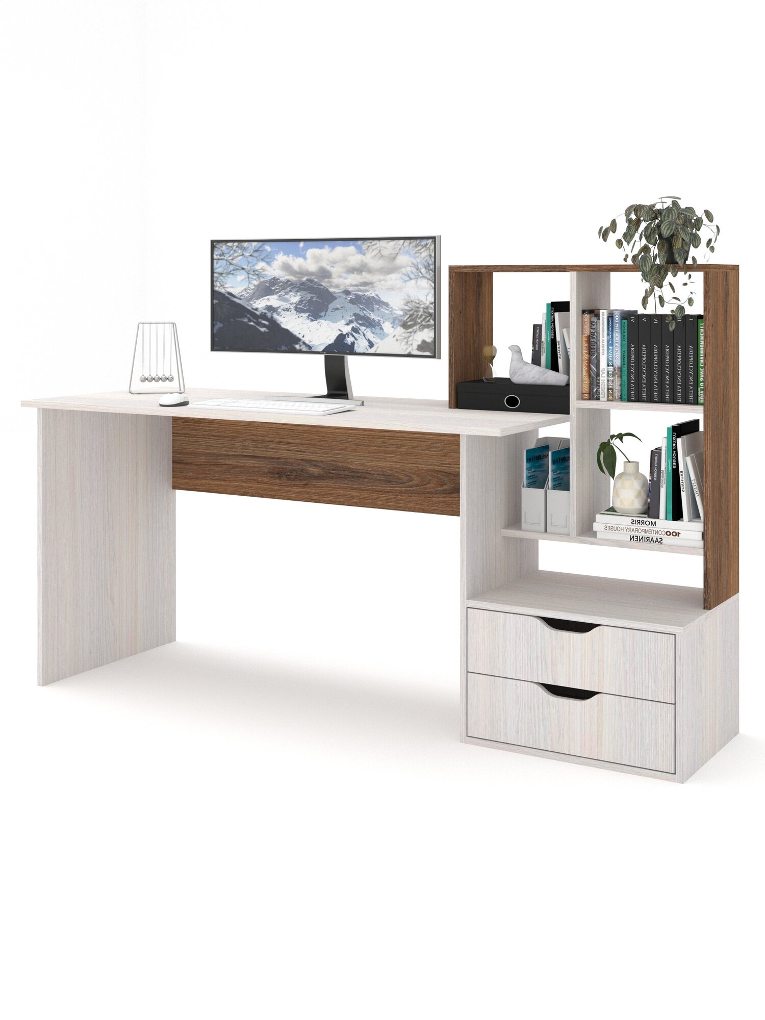 Есэндвич Лаворо 5 Компьютерный стол со стеллажом и ящиками 170х110х60 см правый (Анкор белый/Дуб Аризона)