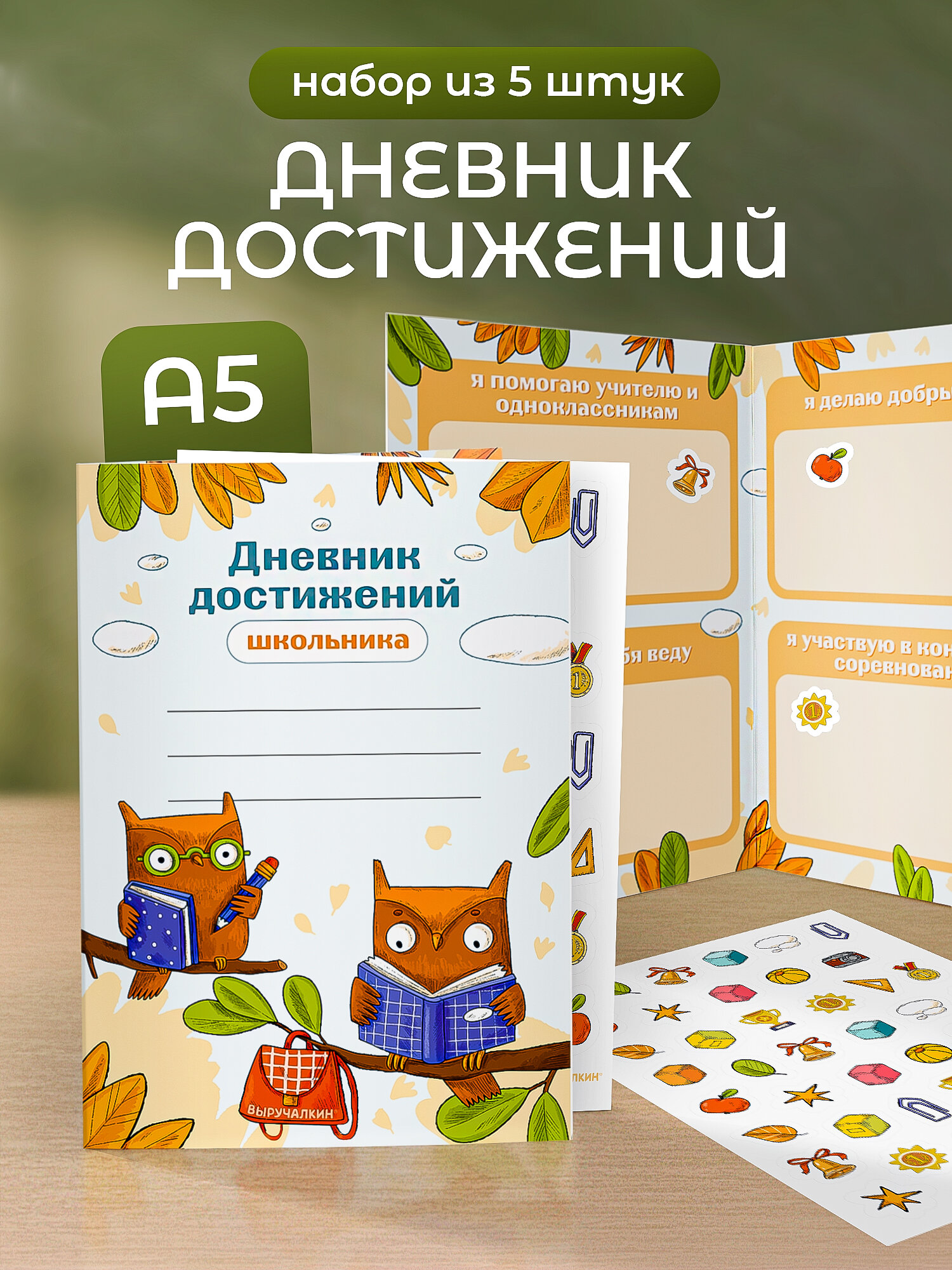 Дневник достижений школьника, с наклейками, набор 5 штук