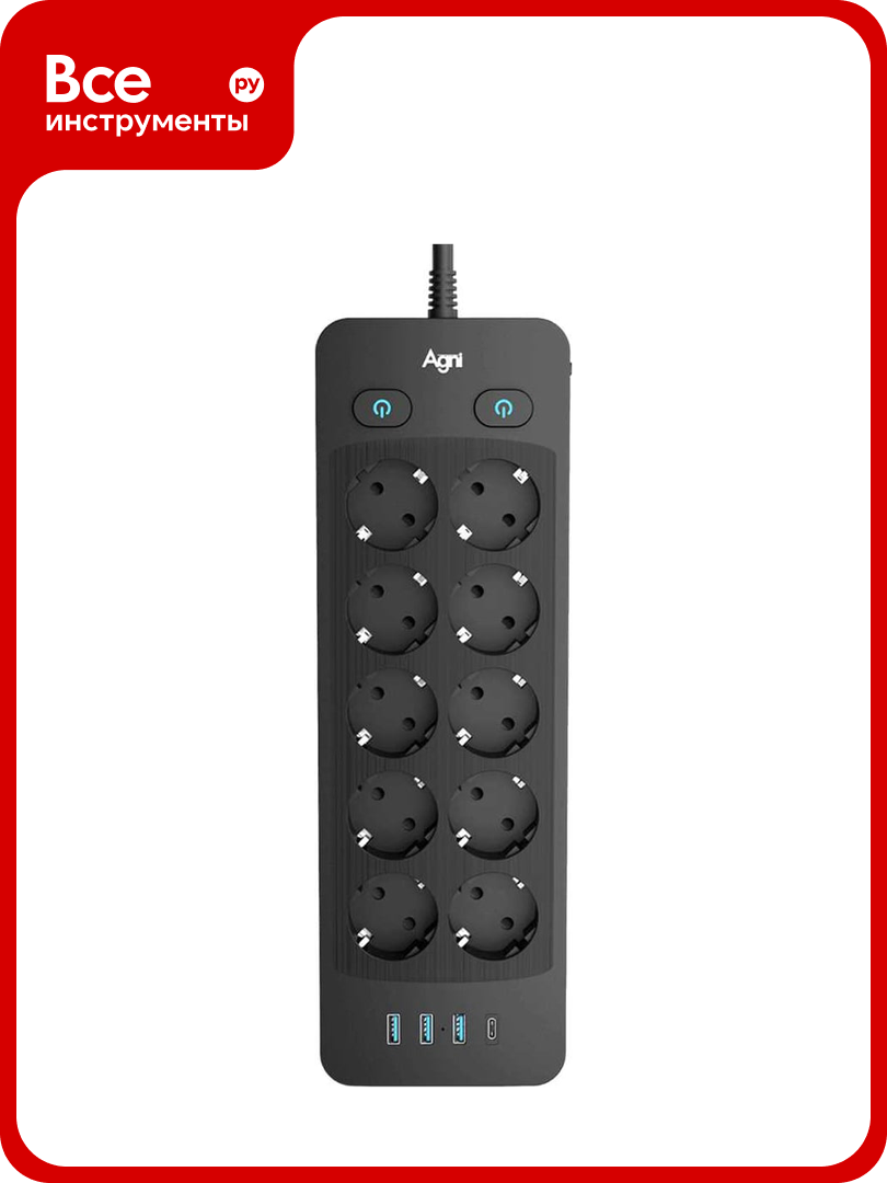 Сетевой фильтр AGNI плоский 10 розеток c кабелем 2м, черный,4 USB TP-FO4U10E-С-2m-black