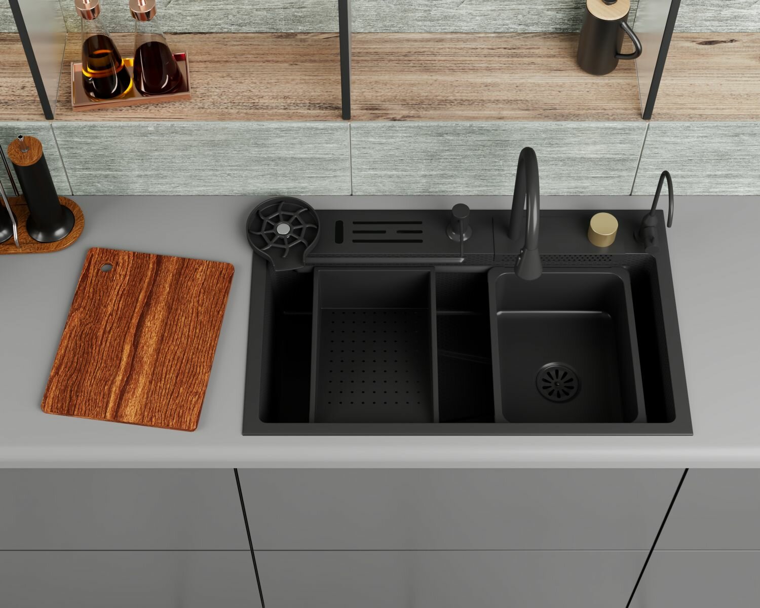 Кухонная мойка D&K "Honey-Comb 3D", нержавеющая сталь, черная, 75х46 см