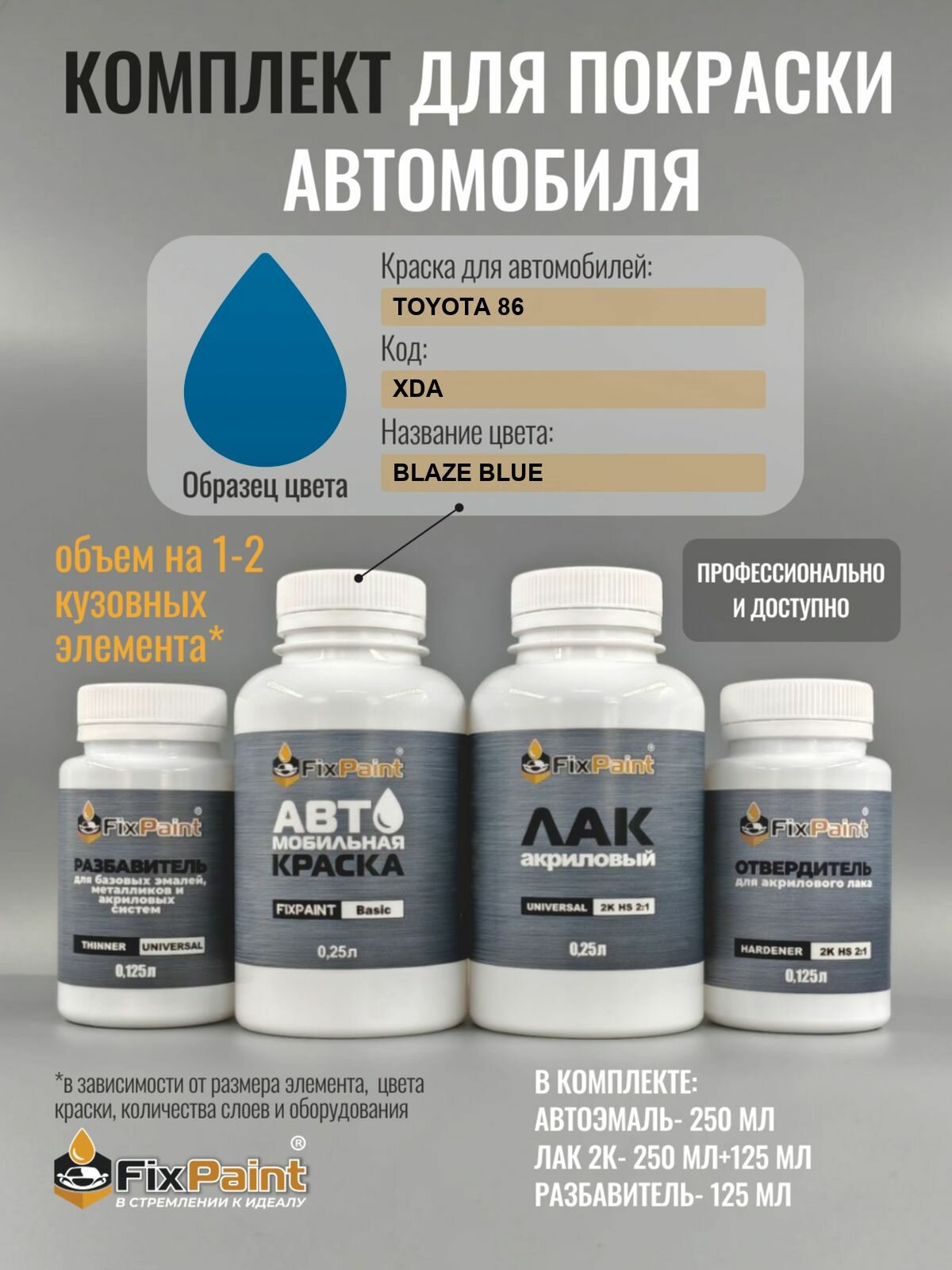 Комплект для покраски TOYOTA 86, код XDA, BLAZE BLUE, базовая автомобильная эмаль 250 мл, лак 2K 250 мл с отвердителем, разбавитель 125 мл, FixPaint Pro
