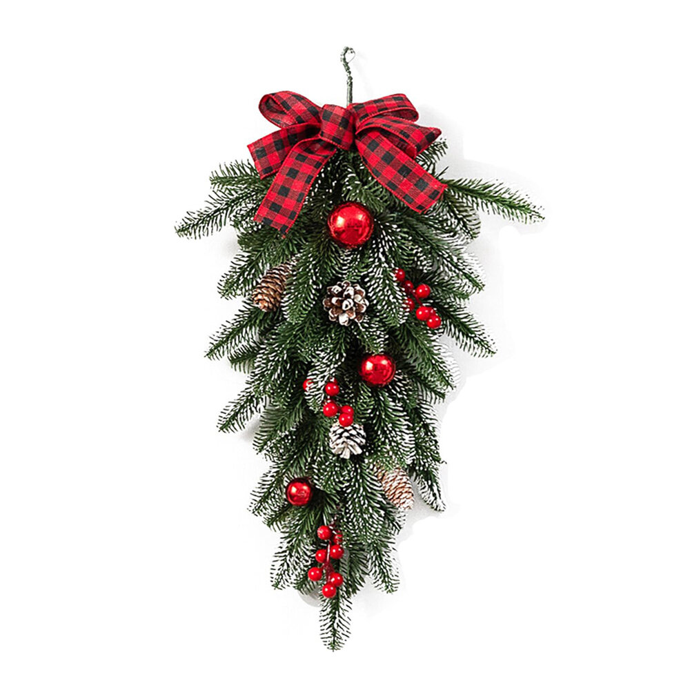 Christmas Teardrop Garlands Pine Needles with Plaid Bow, Red Berries, and Pinecone Door Wall Window Decor