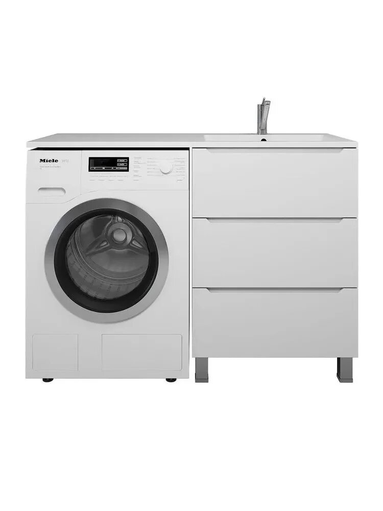 Тумба с раковиной Uperwood Tanos 120 R под стиральную машину, напольная, 120 см, белая, матовая, из МДФ, с ящиками, раковина для ванной, прямоугольная
