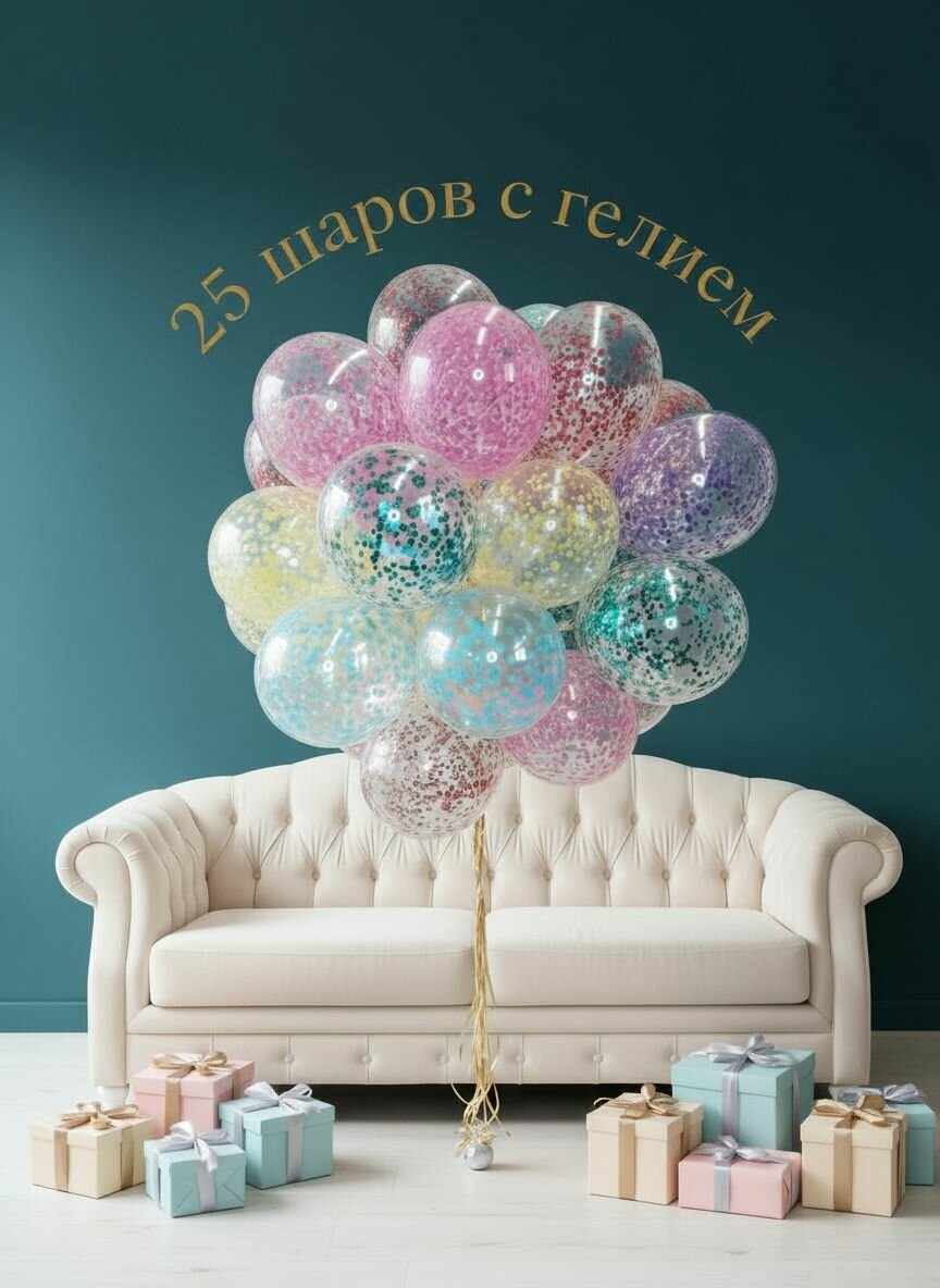 Воздушные гелиевые шары под потолок, надутые в фонтан из прозрачных латексных шаров с конфетти, 25 шт