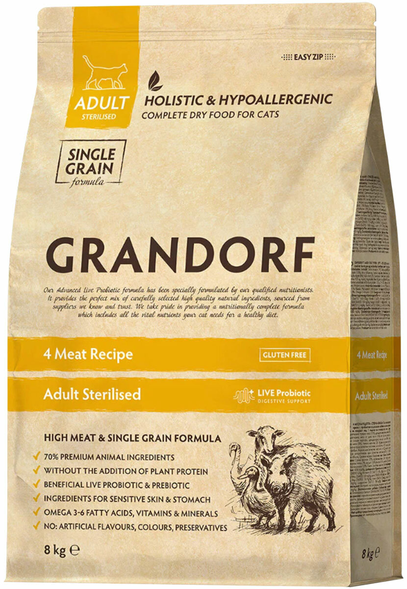Корм сухой Grandorf Single Grain Cat Adult Sterilised 4 Meat Recipe для стерилизованных кошек, 4 мяса, 8 кг