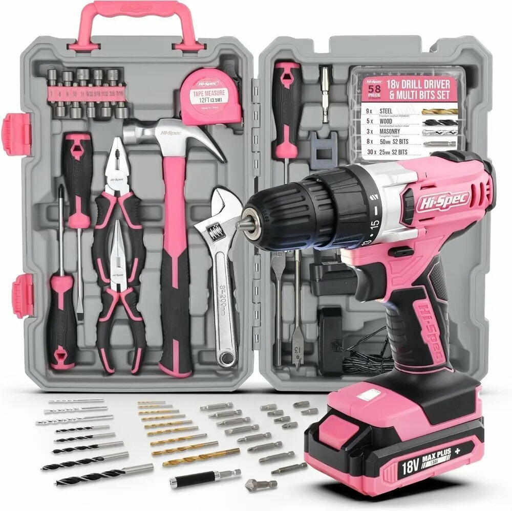Набор инструментов Hi-Spec Drill Pink, 81 предмет, беспроводная электрическая дрель-шуруповерт 18 В, розовый. Полный набор ручных инструментов для дома и гаража для самостоятельного ремонта