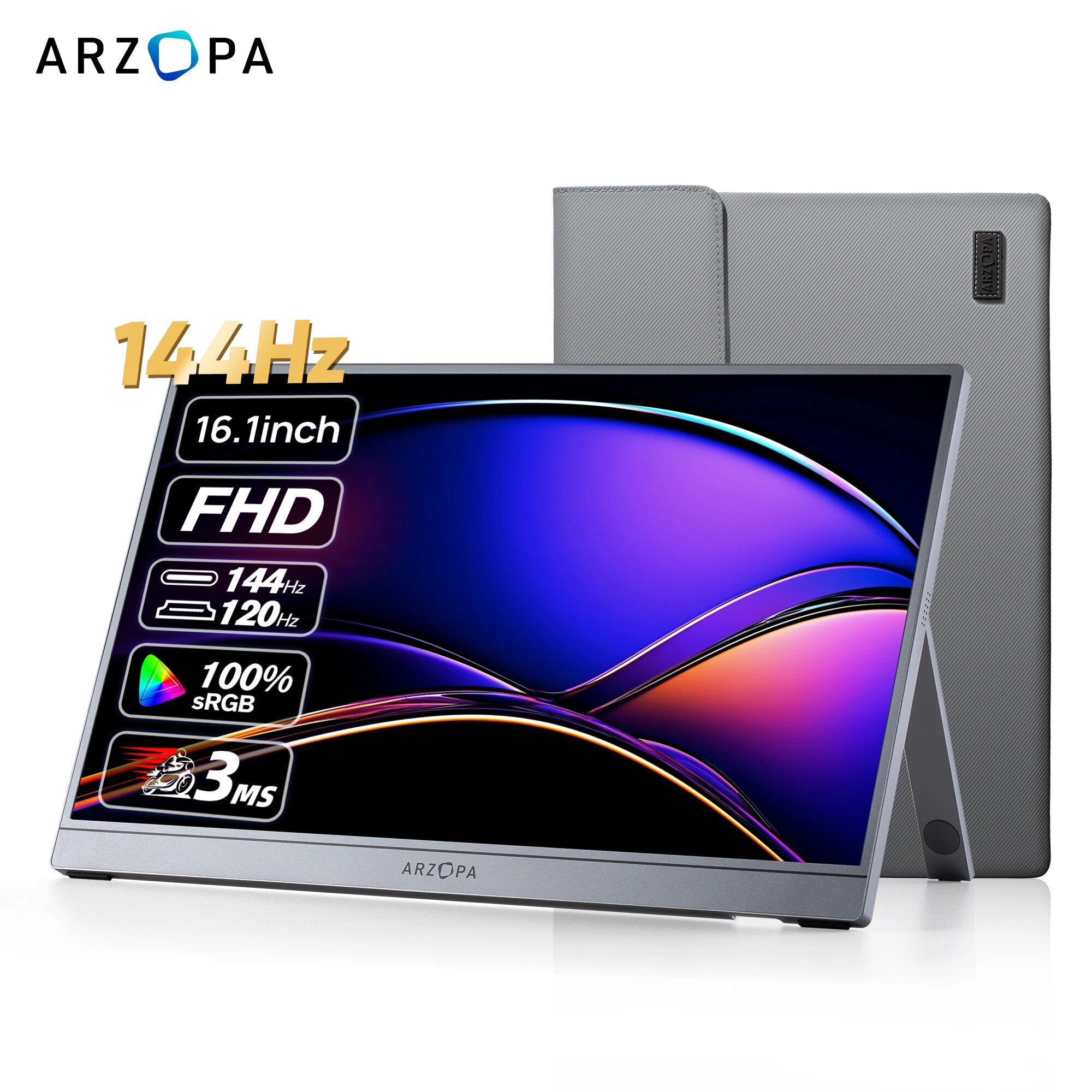 16.1" Портативный монитор ARZOPA Z1FC 144Hz FHD (1920х1080), серый с чехлом