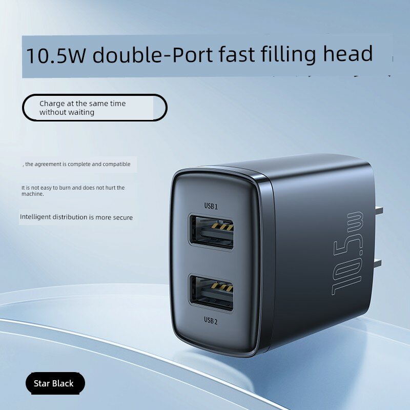 10.5W Двойной USB-C Быстрая Зарядка с Двумя Портами, Компактный Дизайн, Черный Цвет для Устройств Android и iPhone