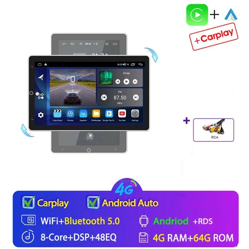 Автомагнитола 2 Din, мультимедийный плеер на Android, с поворотным вертикальным экраном 10 дюймов, GPS, для воспроизведения автомобиля 4G 64G carplay