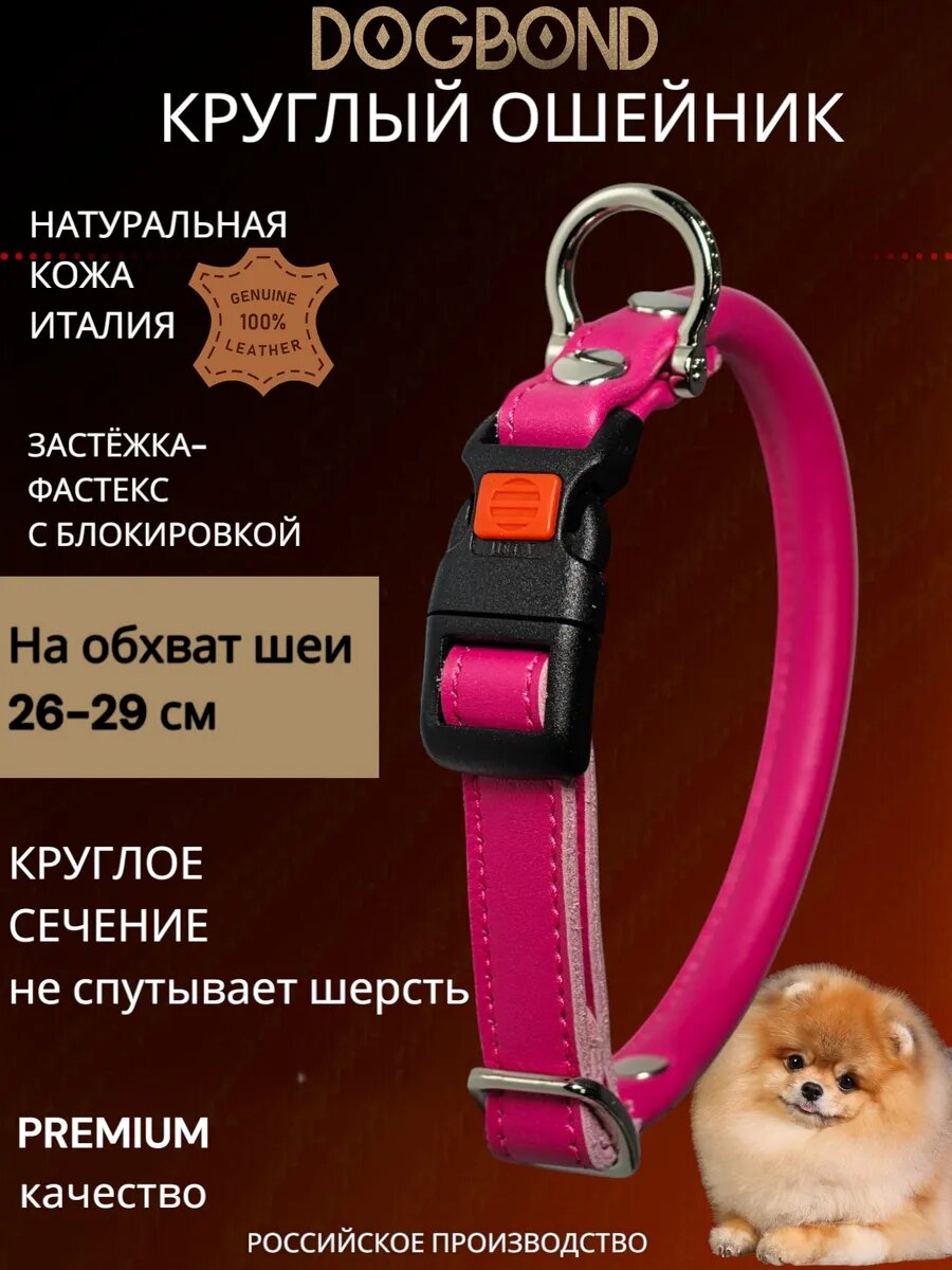 Dogbond Ошейник для шпица круглый кожаный 26-29 см