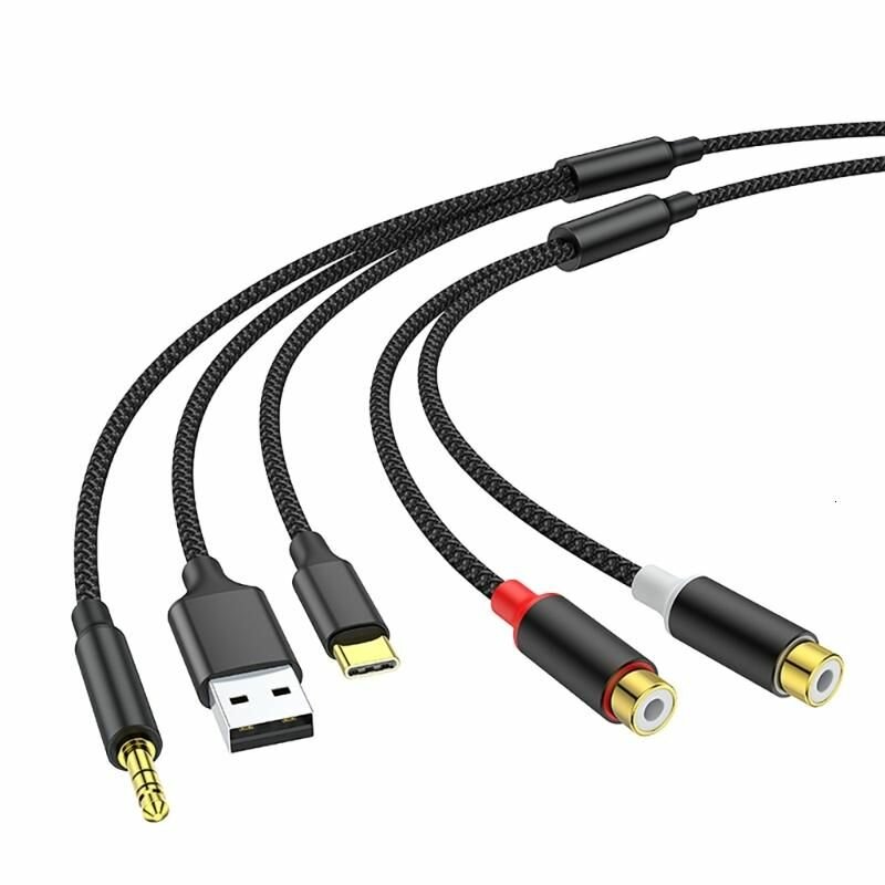 3-в-1 аудиокабель USB Type-C с адаптером 3.5 мм на 2 RCA, Черный