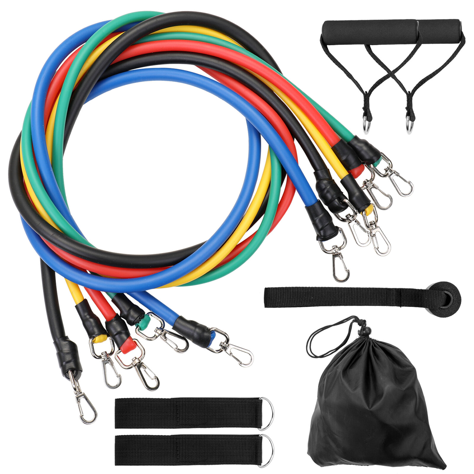 11 Pcs/Set Тренажер для тяги Многофункциональная веревка для тренировки мышц Йога резистивный пояс, желтый 5*8*1200мм 15lb, зеленый 6*9*1200мм 20lb, красный 5*9*1200мм 25lb, синий 5*10*1200мм 30lb, черный 5*11*1200мм 35lb, материал TPE PP железо NBR,