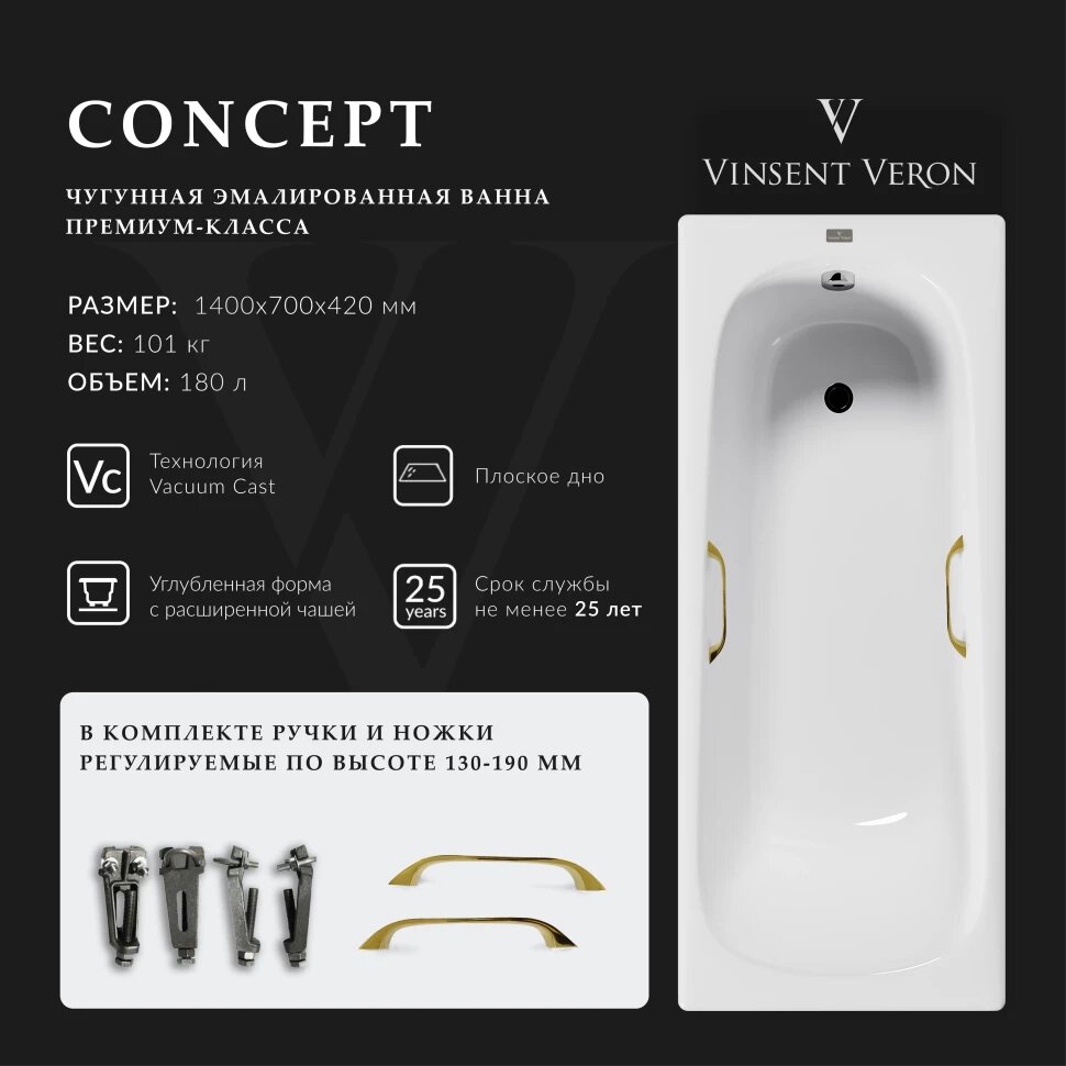 Ванна чугунная Vinsent Veron Concept VCO1407042H/VH0012GD 140x70 см, с ручками, белый