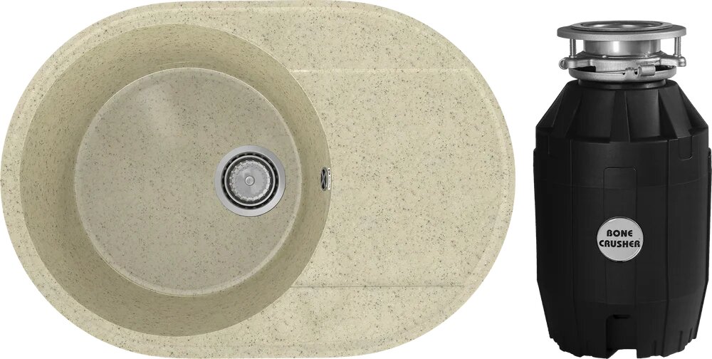 Комплект Мойка Practik PR-M 610-002 61x47, слоновая кость, искусственный мрамор / Измельчитель Bone Crusher BC 810-AS электрический, нержавеющая сталь