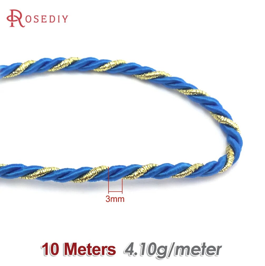 Rosediy трехпрядная витая веревка из золота и полиэстера 5 мм Синий, 39838-Blue