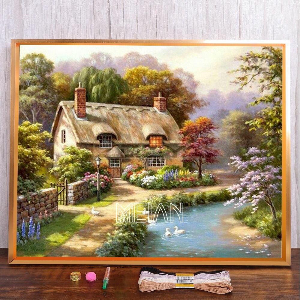 Эксклюзивный комплект для вышивки MEIAN Дом у реки 40x30CM 14CT