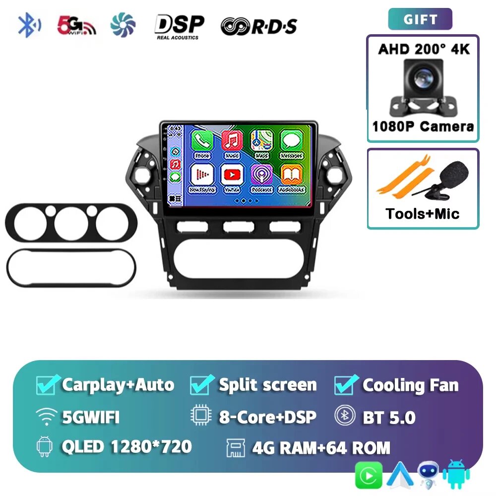 Для Ford Mondeo 4 2010-2015 Android 15 Auto Carplay Автомагнитола GPS-навигация Мультимедийный плеер Bluetooth DSP WIFI 4G RDS BT 4-64GB CAM