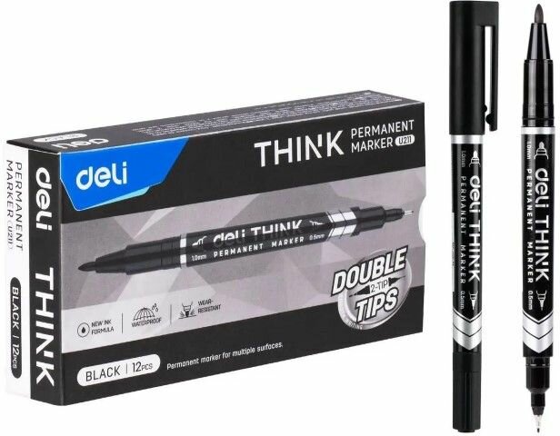 Маркер DELI перманентный Think двойной пиш. наконечник 0.5-1мм черный EU211-BK