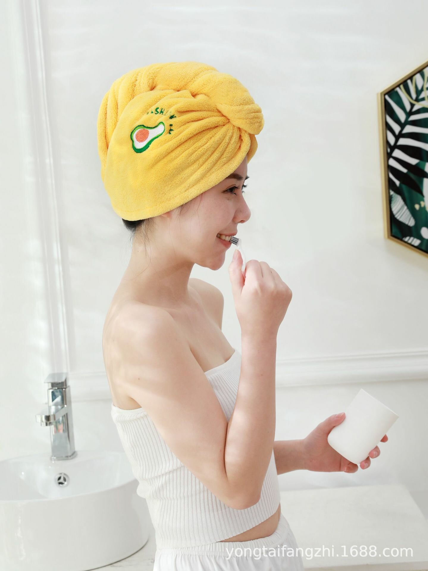 Полотенце для волос Коралловый бархат однотонный женский абсорбирующий для длинных волос обертка для головы вибрато интернет-красное такой же душевый кап Yellow - Avocado 25*65 Двойной слой