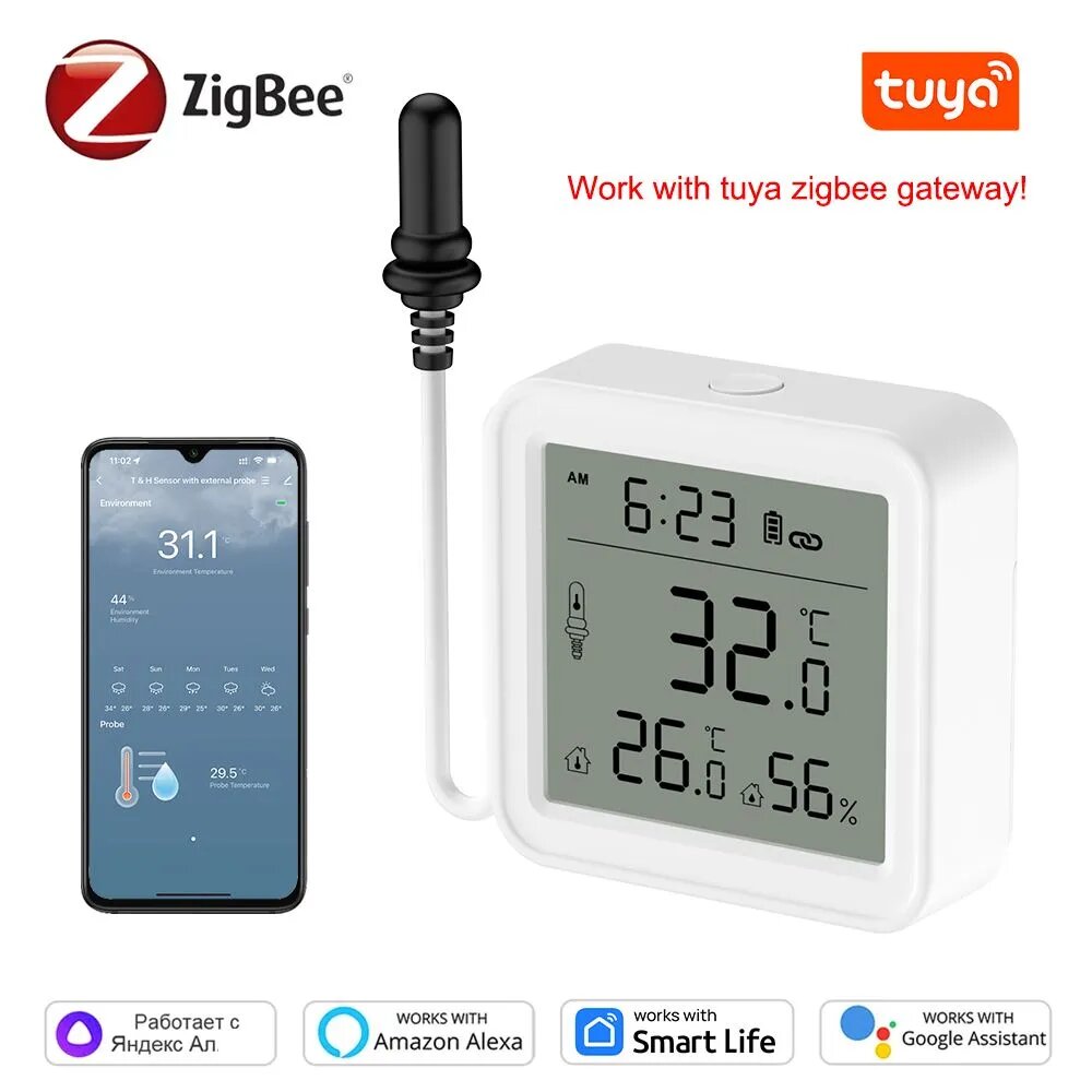 Tuya Zigbee Датчик температуры и влажности с выносным датчиком