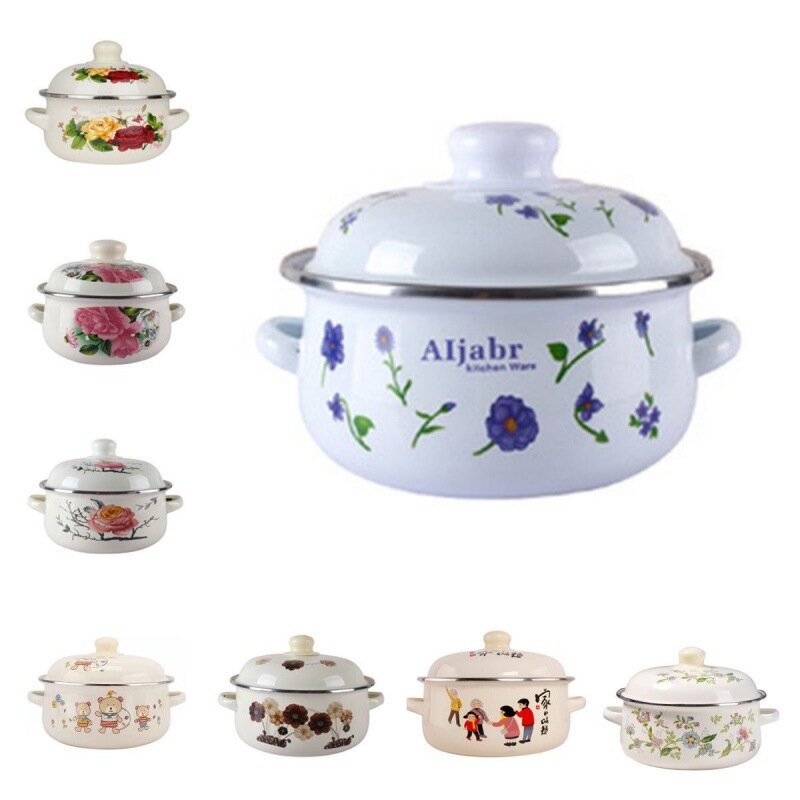 Утолщенный 16-20 см трехкомпонентный набор эмалированных кастрюль с двумя ручками, суповая кастрюля, кастрюля для тушения, миска для лапши быстрого приготовления, маленькая кастрюля для горячего, миска для сала