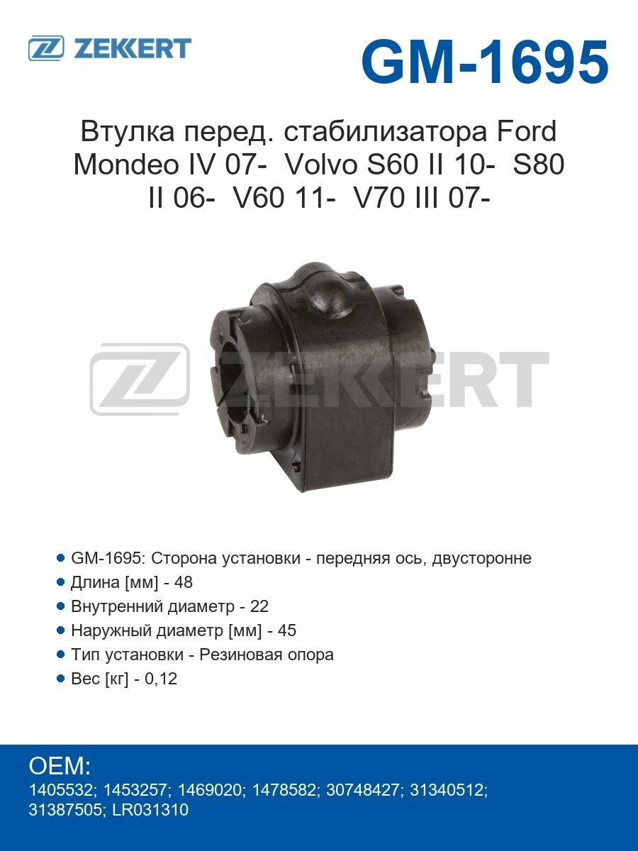 Zekkert Втулка стабилизатора передняя Ford Mondeo IV с 2007 года. Volvo S60 II с 2010 года. S80 II с 2006 года. V60 с 2011 года. V70 III с 2007 года. XC.