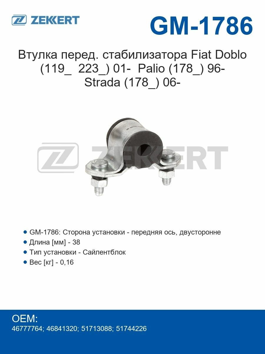 Zekkert Втулка стабилизатора передняя Fiat Doblo (119_ 223_) с 2001 года. Palio (178_) с 1996 года. Strada (178_) с 2006 года.