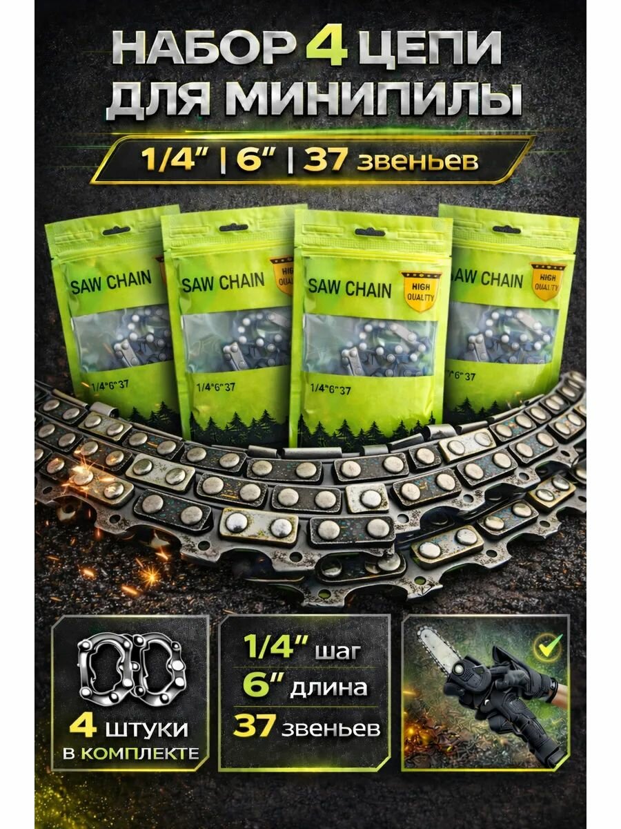 Цепь для мини-пилы 6 дюймов 1/4", 37 звеньев